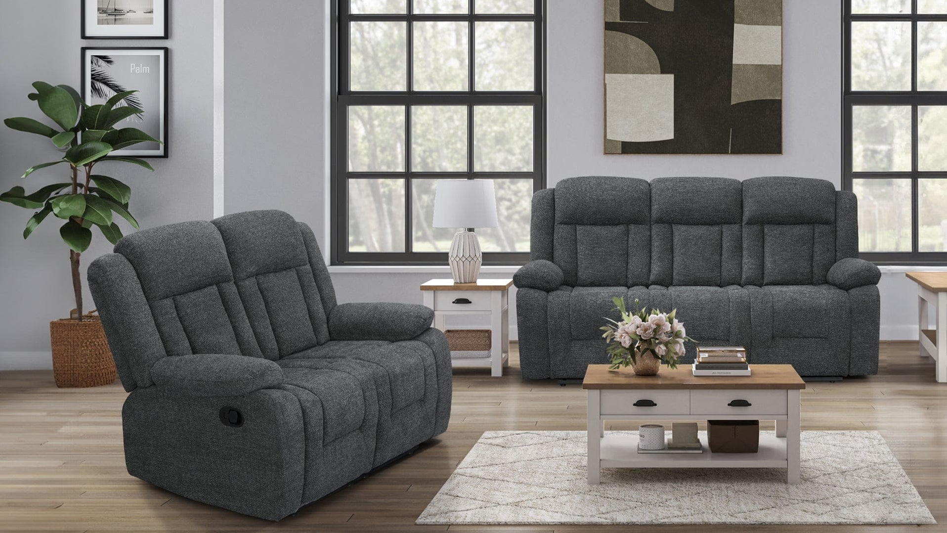 Isabel Gray Fabric Reclining Sofa And Loveseat Set — Casa Linda Furniture