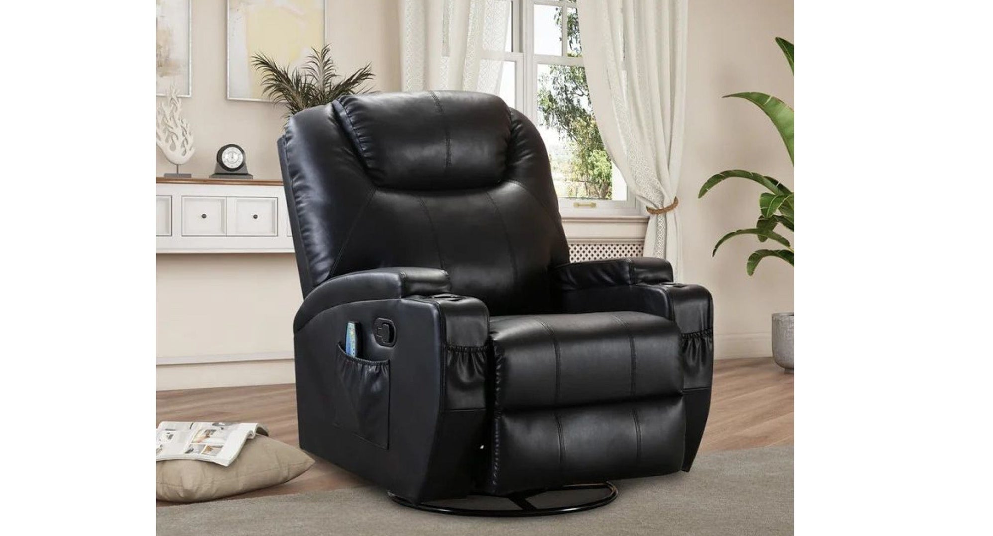 Black Faux Leather Swivel Recliner with Heat and Massage — Casa Linda ...